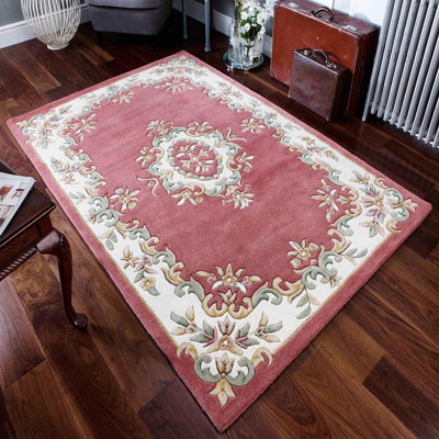 Rose Traditional Handmade Wool Floral Bordered Rug for Living Room and ...