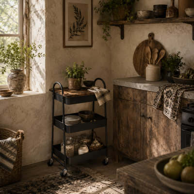 Rottola 3-Tier Kitchen Trolley - Rustic Brown Wood-Effect Top, Black ...