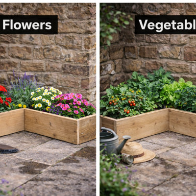 Rough Sawn Wooden Corner Shaped Garden Trough Planter - 100cm x 100cm