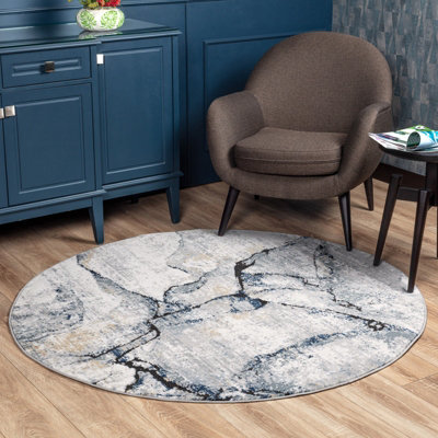 Round Abstract Modern Marble Dark Blue Lyna Area Rug 160 x 160 cm ...