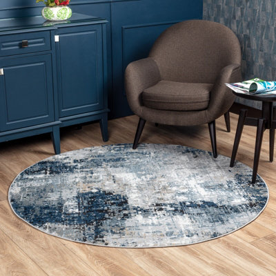 Round Abstract Modern Marble Denim Lena Area Rug 160 x 160 cm - Easy ...