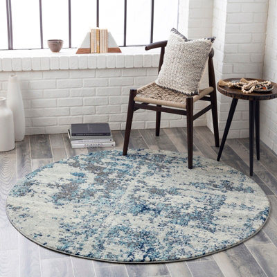 Round Abstract Modern Marble Navy/Aqua Sarah Area Rug 160 x 160 cm ...