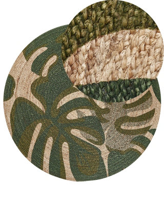 Round Area Rug Monstera Leaf Pattern 140 cm Beige with Green BAYAT ...