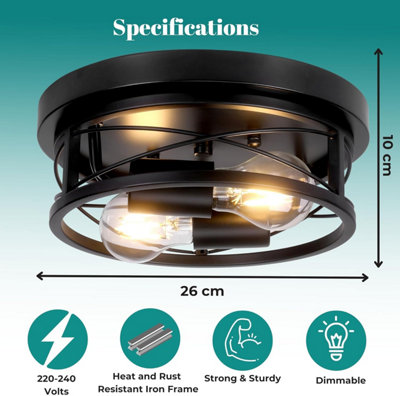 Round Black 2-Way Ceiling Light with E27 Flush Light Fittings