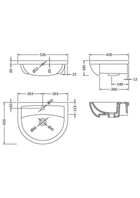 Round Ceramics Semi Recessed 1 Tap Hole Basin (Tap Not Included), 500mm ...
