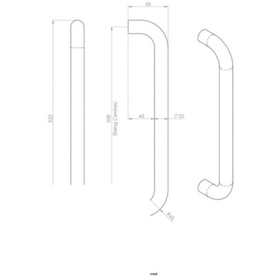 Round D Bar Door Pull Handle 322 x 22mm 300mm Fixing Centres Satin Steel