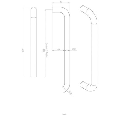 Round D Bar Pull Handle 319 x 19mm 300mm Fixing Centres Satin Stainless ...