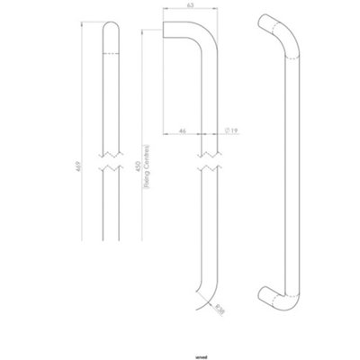 Round D Bar Pull Handle 469 x 19mm 450mm Fixing Centres Satin Stainless ...