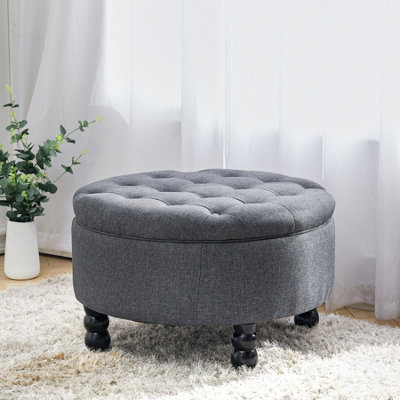 Round Dark Grey Linen Upholstered Storage Ottoman Footstool with Tray ...