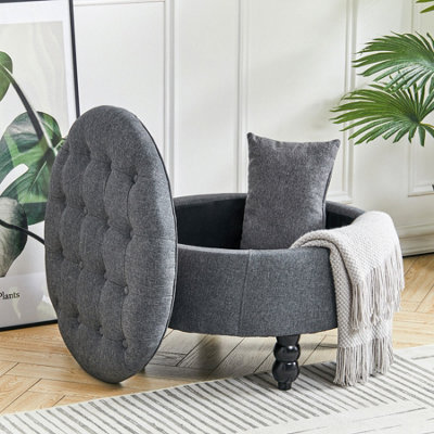 Round Dark Grey Linen Upholstered Storage Ottoman Footstool with Tray ...