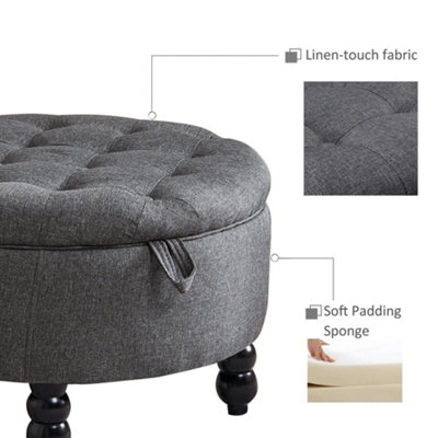 Round Dark Grey Linen Upholstered Storage Ottoman Footstool with Tray ...