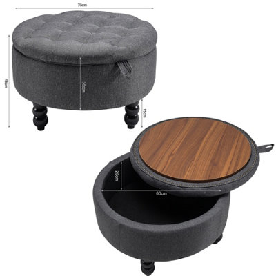 Round Dark Grey Linen Upholstered Storage Ottoman Footstool with Tray ...