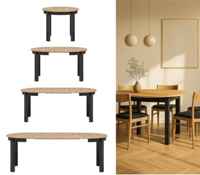 Round Dining Table Extendable Oval Oak Effect Top Black Legs Kitchen ...