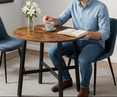 Round Dining Table, Rustic Brown Top with Black Steel Frame, Industrial ...