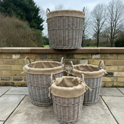 Round Driftwood Wicker Log Storage Basket with Hessian Liner