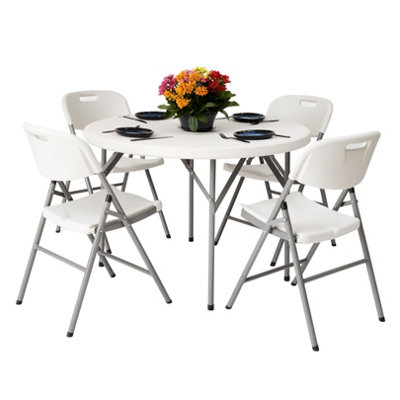 Round Folding Table & 4 Folding Chair Set HDPE Top Steel Frame for ...