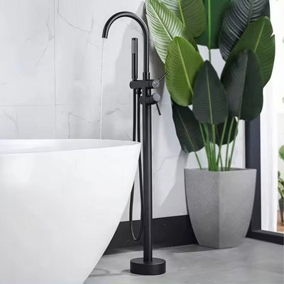 Round Freestanding Matt Black Bath Tap With Shower