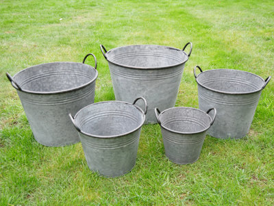 Round Galvanised Metal Bucket Planters (7181) - Set of 5