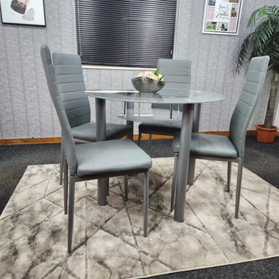 Round Glass Grey Kitchen Dining Table With Storage Shelf And 4 Grey ...