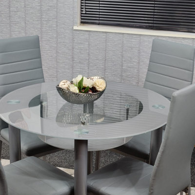 Round Glass Grey Kitchen Dining Table With Storage Shelf And 4 Grey ...