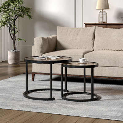 Round Glass Nesting Coffee Table Set Nest of Table End Table Black