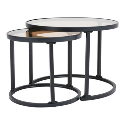 Round Glass Nesting Coffee Table Set Nest of Table End Table Black