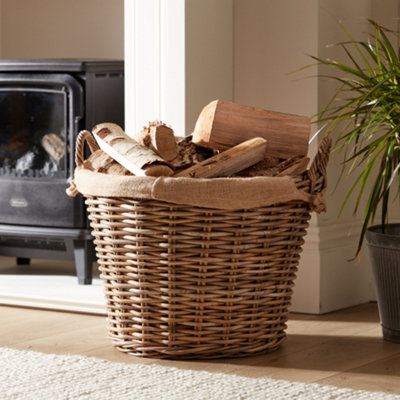 Round Grey Rattan Fireside Log Basket with Hessian Lining