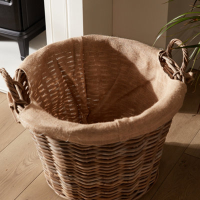 Round Grey Rattan Fireside Log Basket with Hessian Lining