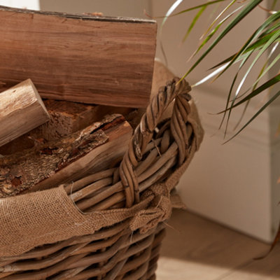 Round Grey Rattan Fireside Log Basket with Hessian Lining