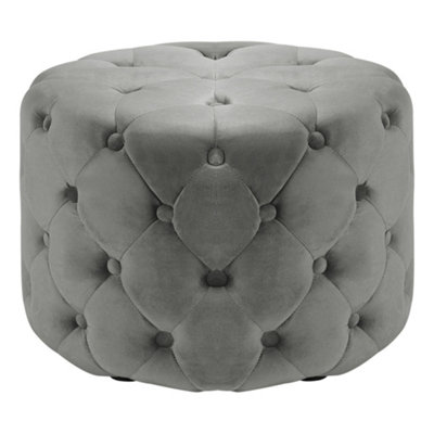 Round Grey Velvet Buttoned Footstool 60cm Dia