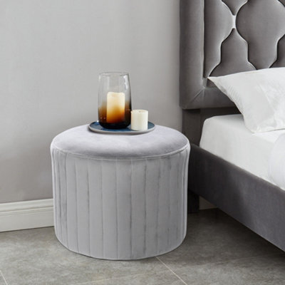 Round Grey Velvet Upholstered Footstool Dia 400 x H 300 mm
