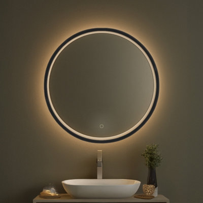 Round LED Bathroom Mirror 60cm Black Frame, Anti-Fog Demister, Touch ...