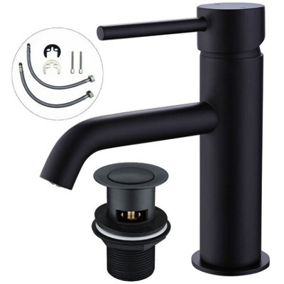 Round Matt Black Bathroom Basin Tap Sink Mono Mixer + Flexi Tails + Waste