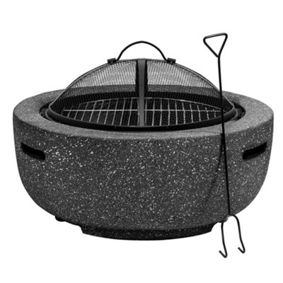 Round MgO Fire Pit with BBQ Grill, 60cm, Safety Mesh Screen - Dark Grey ...