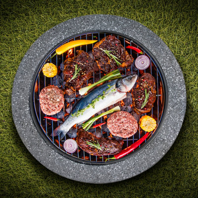 Round MgO Fire Pit with BBQ Grill, 60cm, Safety Mesh Screen - Dark Grey ...