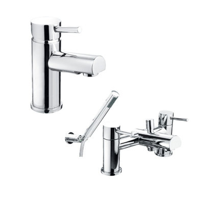 Round Mono Basin Mixer Tap and Bath Shower Mixer Tap with Kit Set - Chrome