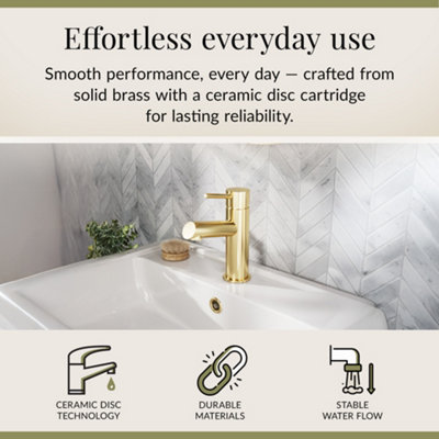Round Mono Basin Mixer Tap & Push Button Waste - Brushed Brass - Balterley