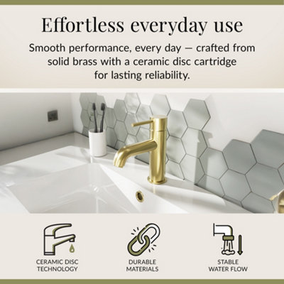 Round Mono Basin Sink Mixer Tap & Push Button Waste - Brushed Brass ...