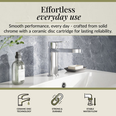 Round Mono Bathroom Basin Mixer Tap & Push Button Waste - Chrome