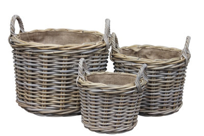 Round Rattan Log / Kindling / Storage Baskets, Removable Hessian Liner ...