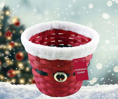 Round Santa Christmas Gift Basket Woven Basket Fur Trim 21cm x 17cm