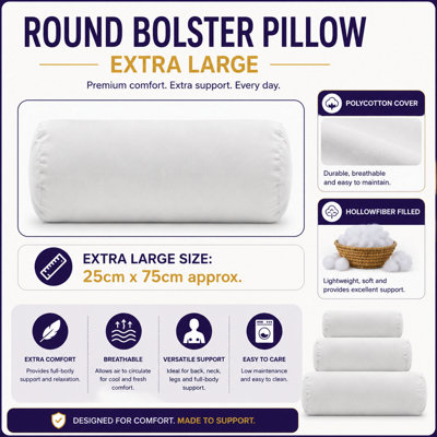 Round Shaped Bolster Pillow White Cushion Long Body Support Orthopaedic ...