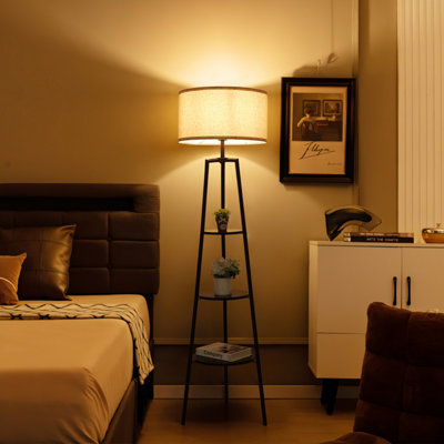 Round Shelf Floor Lamp Floor Light with Fabric Lampshade 152.5cm H