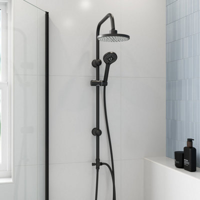 Round Shower Riser Kit Black Dual Shower Heads Adjustable Overhead Bathroom