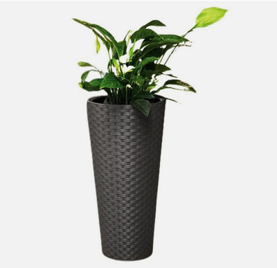 Round Slim Flowerpot Planter Rattan Effect Plastic Tall Pot with Insert ...