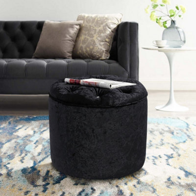 Round Velvet Footstool with Diamond Button Decoration in Black