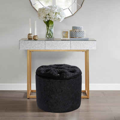 Round Velvet Footstool with Diamond Button Decoration in Black