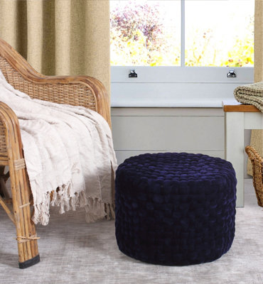 Round Velvet Pouffe Soft Woven Designer Ottoman Stool Blue