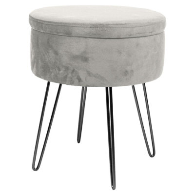 Round Velvet Storage Footstool - H45 x D36cm - Grey/Black