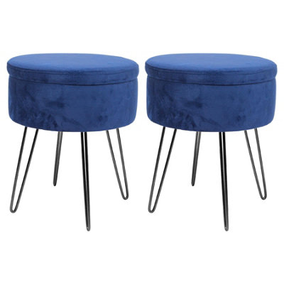 Round Velvet Storage Footstools - H45 x D36cm - Blue/Black - Pack of 2 ...